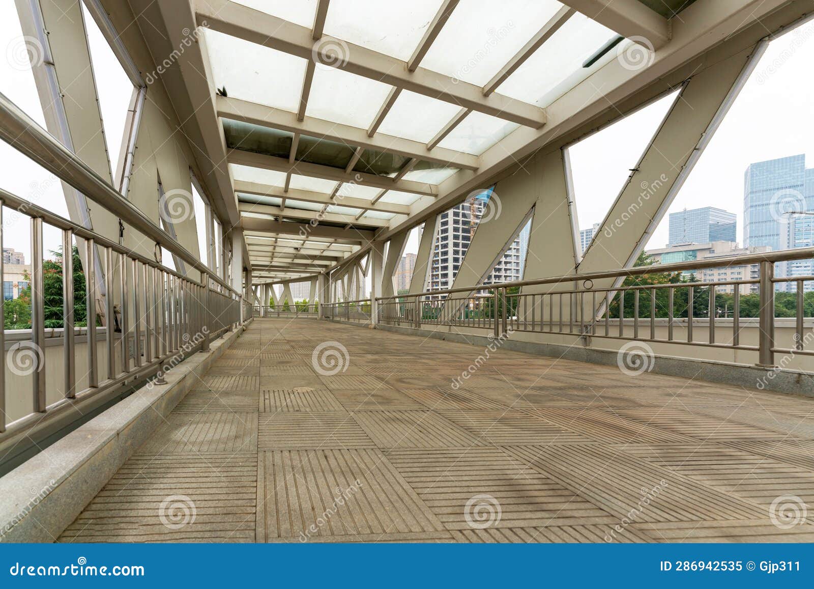 Inside of a Modern Overhead Pedestrian Bridge Stock Image - Image of ...