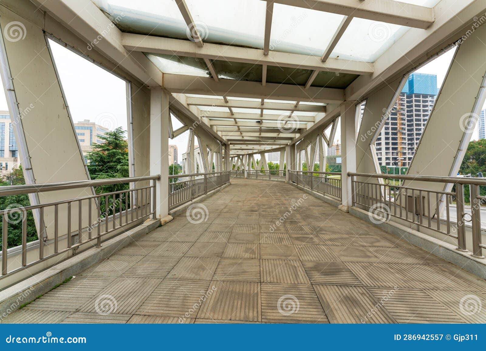 Inside of a Modern Overhead Pedestrian Bridge Stock Image - Image of ...
