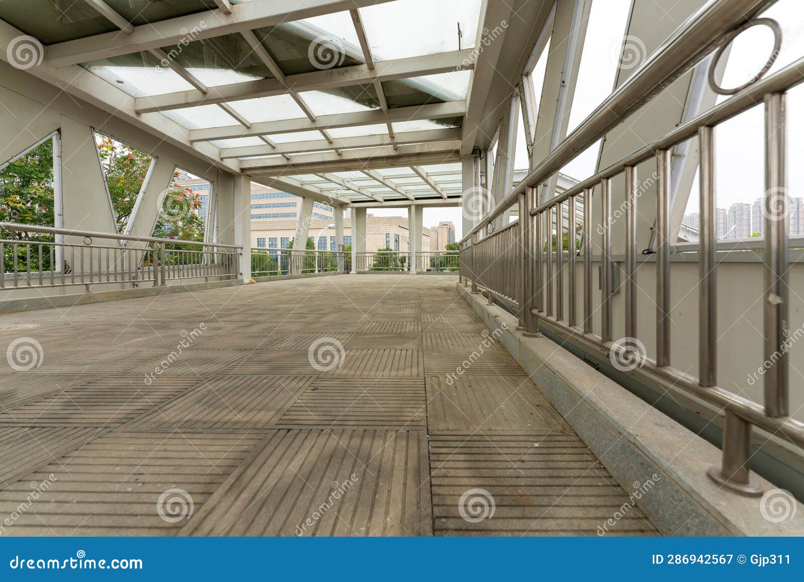 Inside of a Modern Overhead Pedestrian Bridge Stock Image - Image of ...