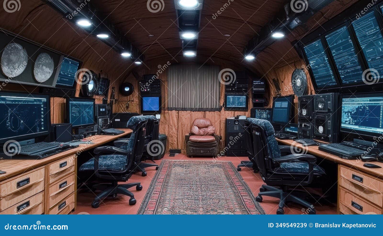 Underground Nuclear Bunker Control Room with Multiple Computer Screens ...