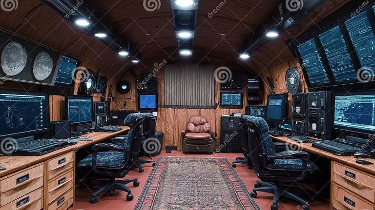 Underground Nuclear Bunker Control Room with Multiple Computer Screens ...