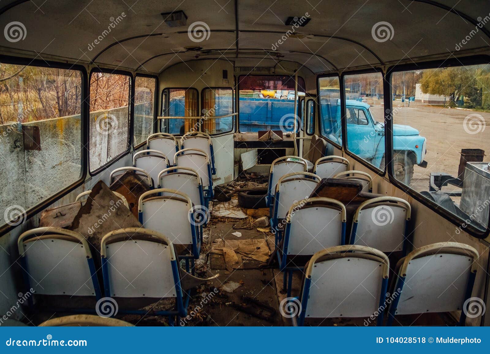 Inside Old Abandoned Rusty Broken Soviet Bus Stock Photo - Image of ...