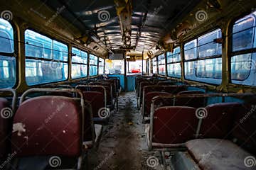 Inside Old Abandoned Rusty Wrecked Bus or Trolleybus Stock Photo ...