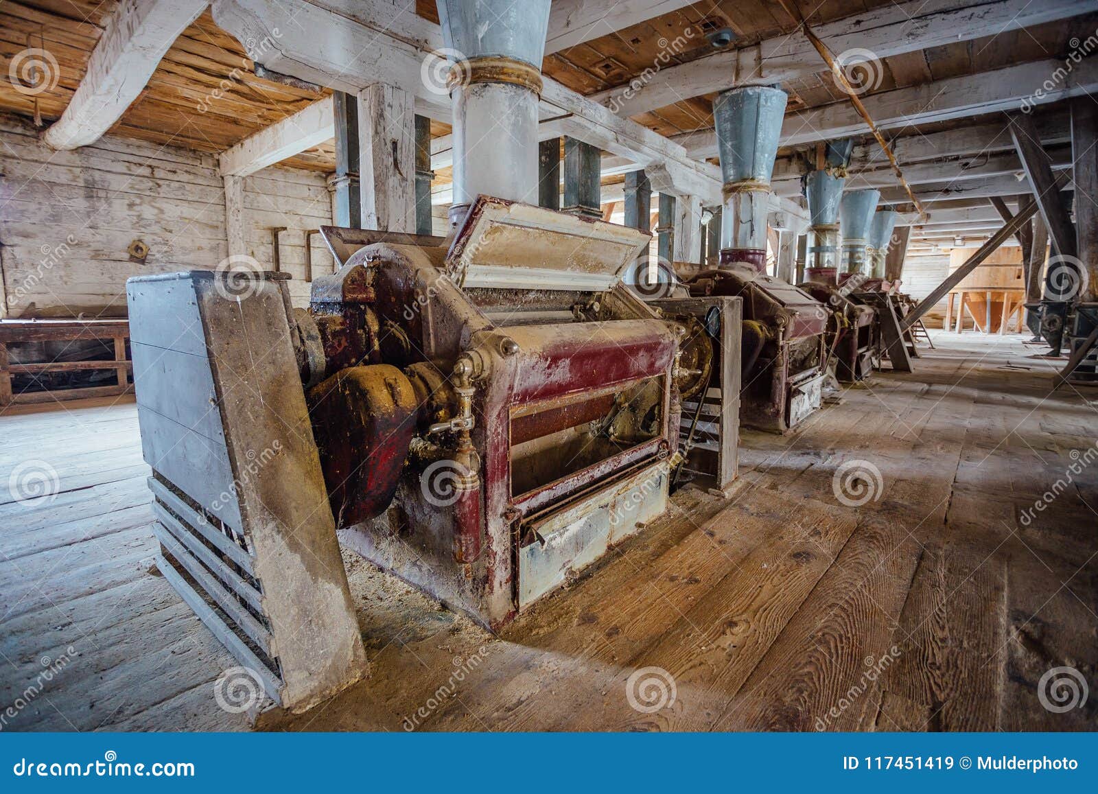 Inside Old Abandoned Wooden Mill with Old Equipment Stock Image - Image ...