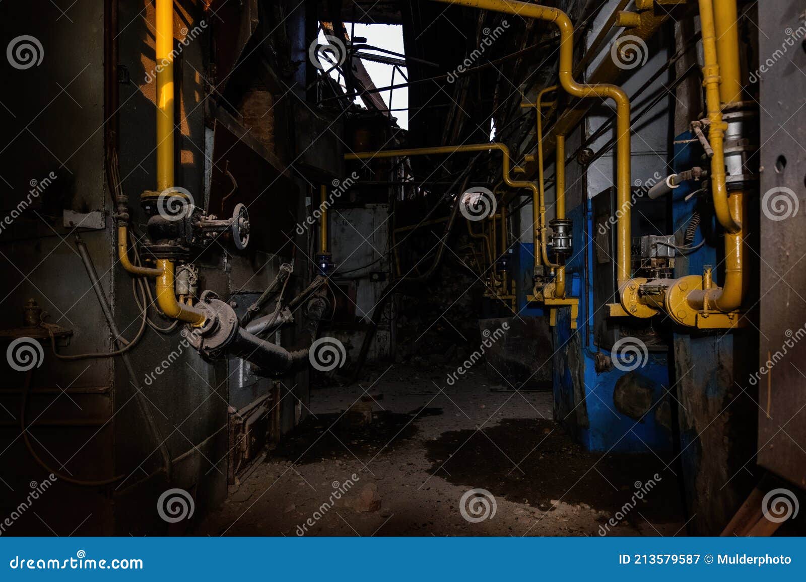Inside Old Collapsed Industrial Building. Old Rusty Pipeline Stock ...