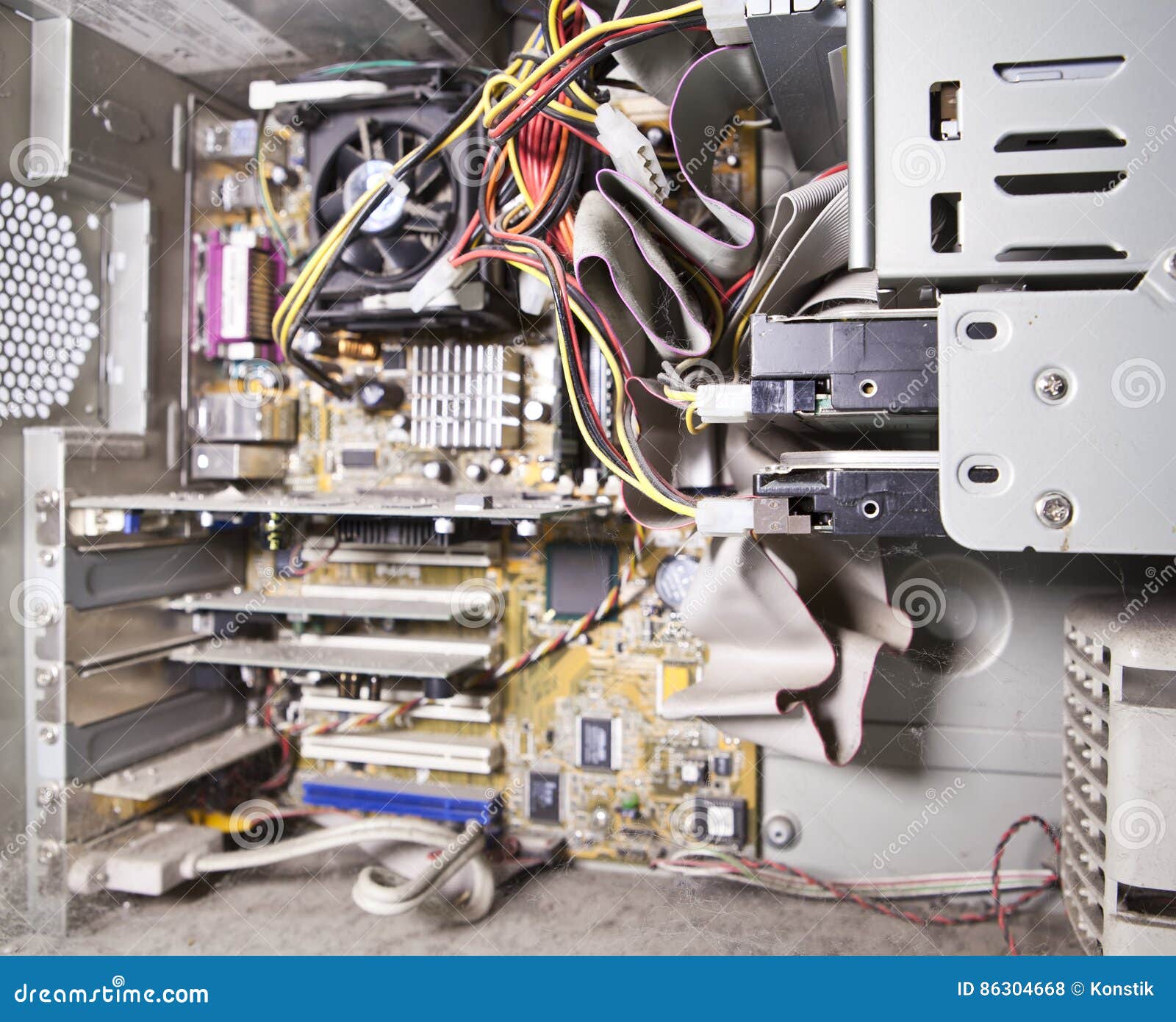 Inside of the Old, Disassembled, Covered with Dust Computer. Small ...