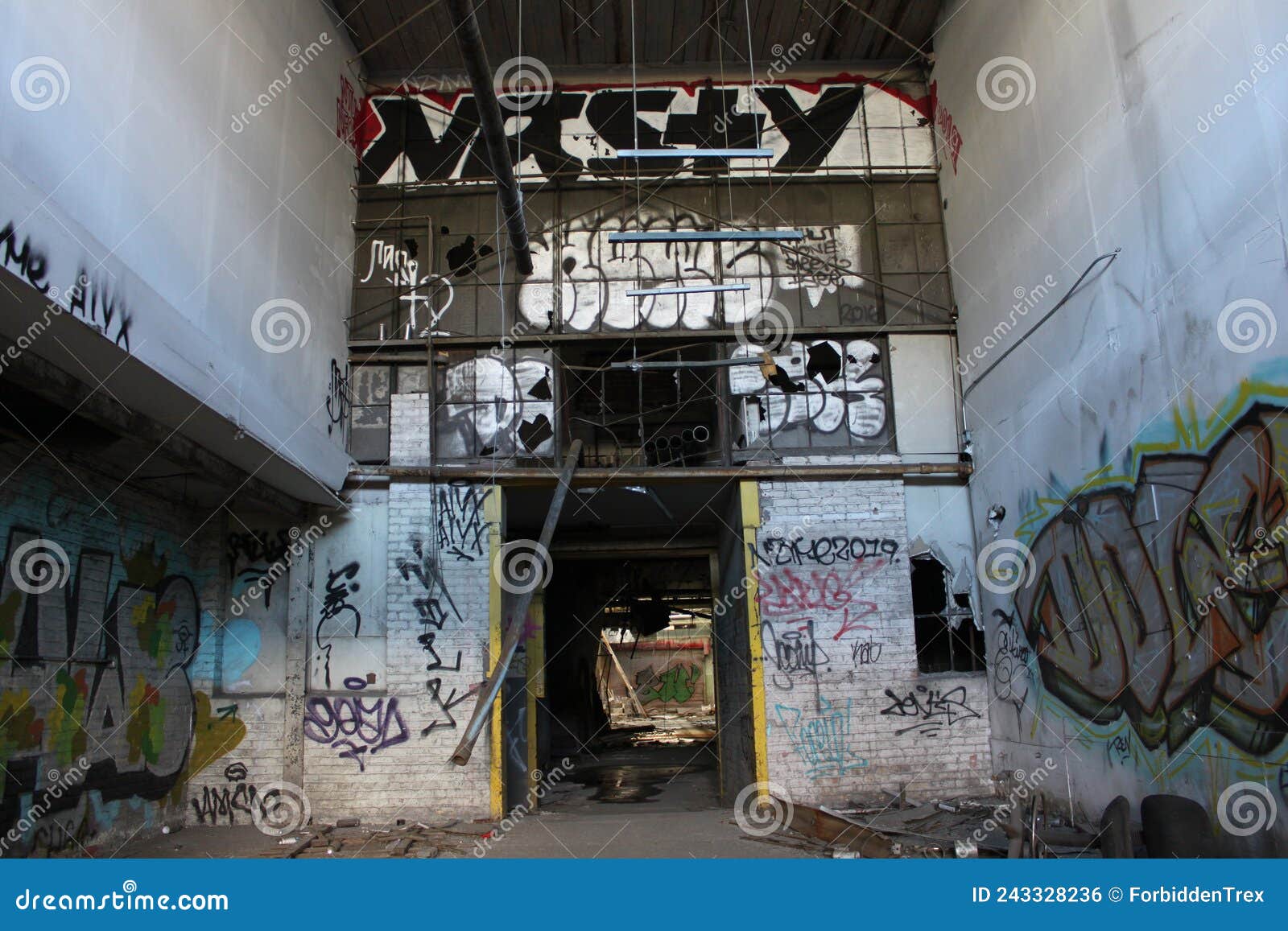 Abandoned Factory Interior with Graffiti Stock Photo - Image of ...