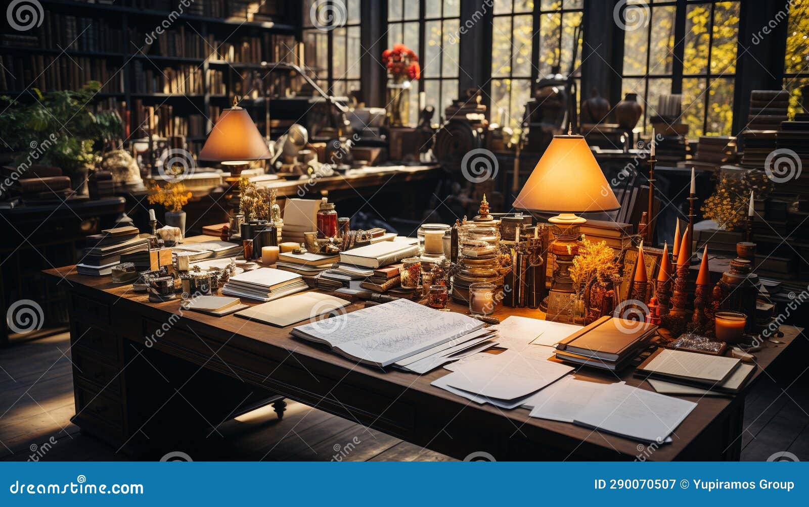 Inside the Old Fashioned Library, a Candle Illuminated the Bookshelf ...