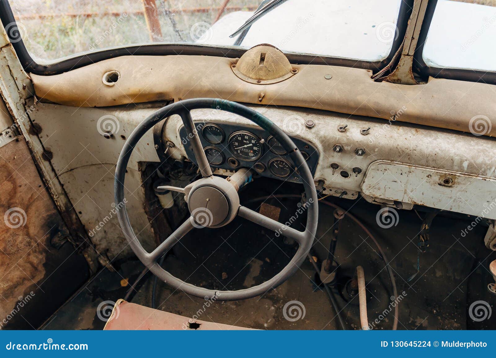 Inside Old Time Abandoned Bus Driver Place. Rusty Cabin and Broken ...