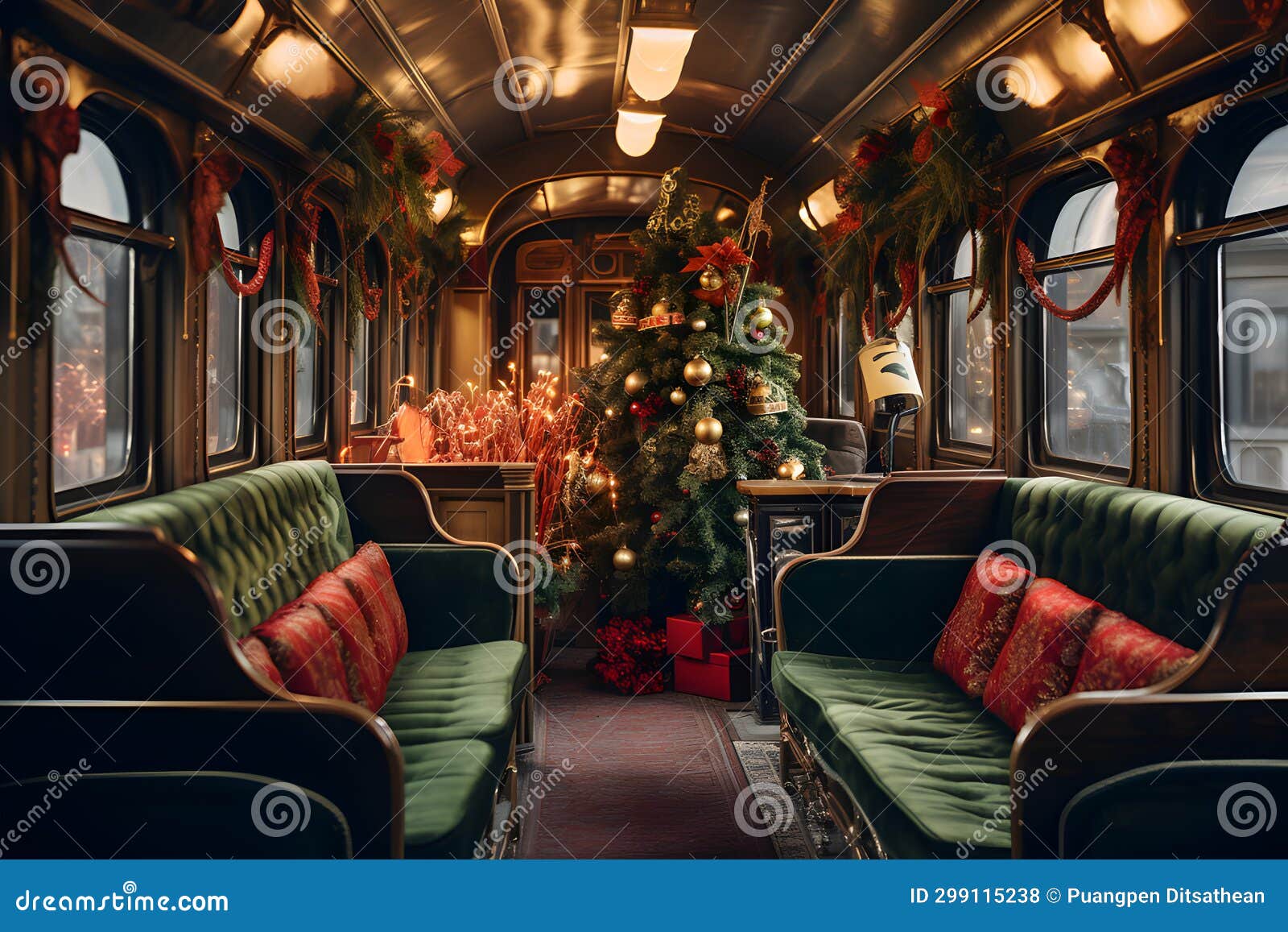Inside Old Train Carrage, Christmas Decorations.GenerativeAI. Stock ...