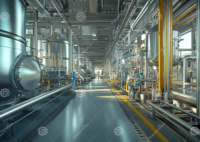 The Inside of the Plant. the Footage Includes Process Lines, Huge Tanks ...