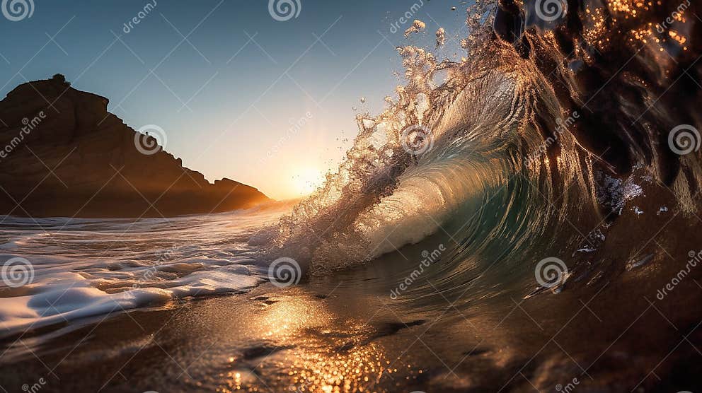 Inside a Rolling Wave in the Ocean As it Breaks at Sunrise or Sunset ...