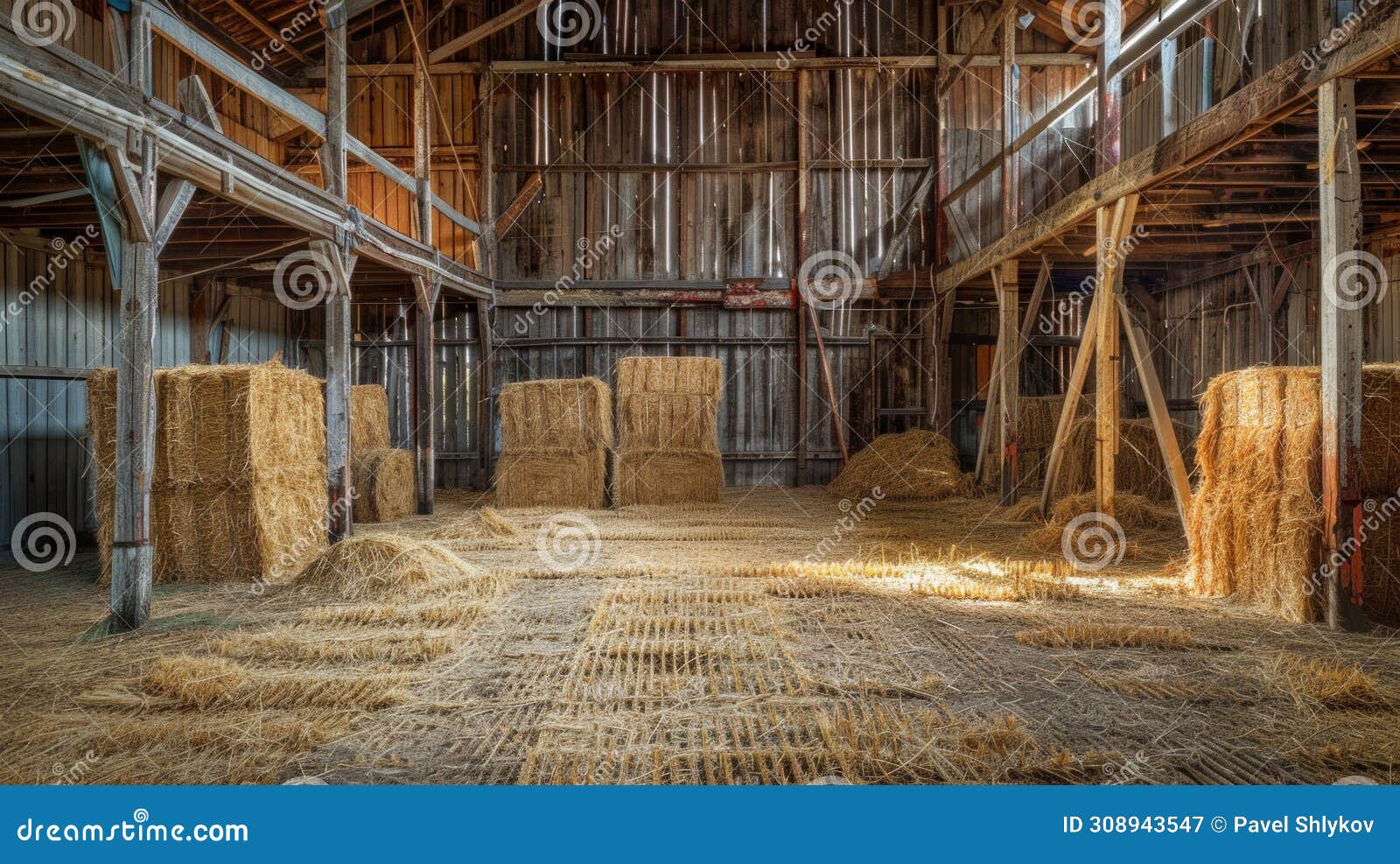 Inside Rustic Wooden Old Barn Hay Bales Straw Sunlight Rays Light Beams ...