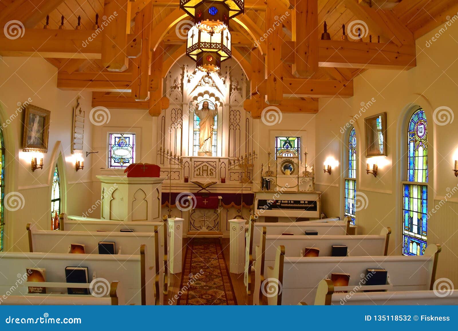 Inside a Chapel of White Wood Stock Photo - Image of prayer, stained ...