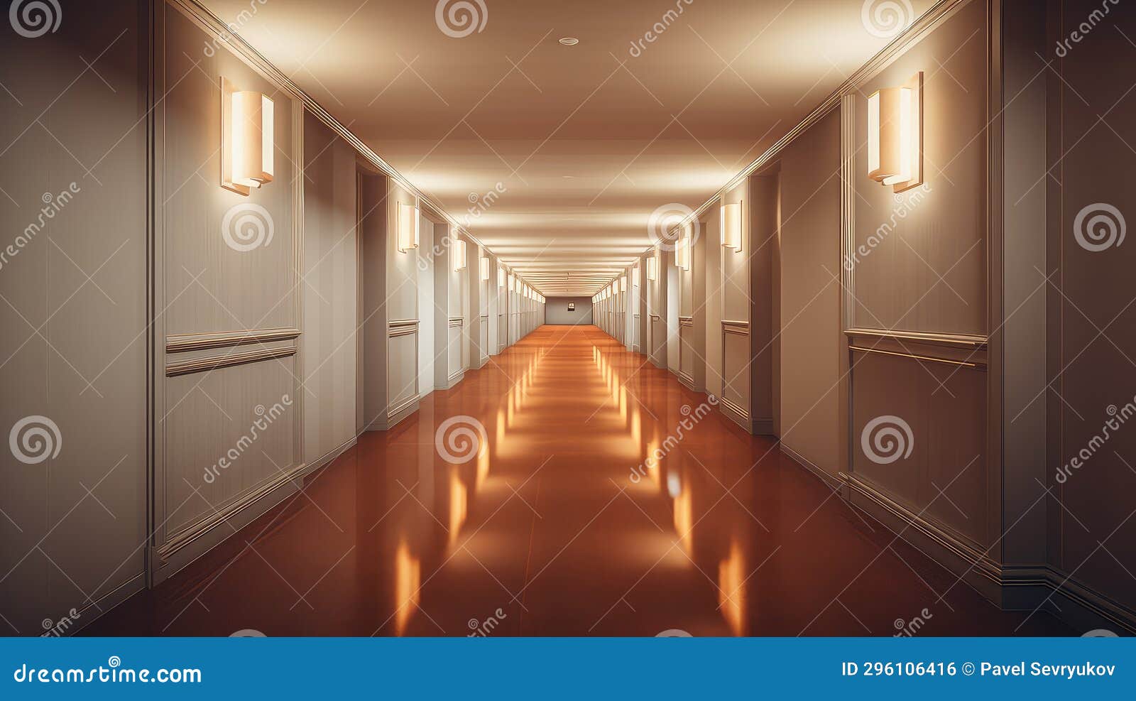 Clean Corridor Leading To Closed Doors. Digital Illustration Of School ...