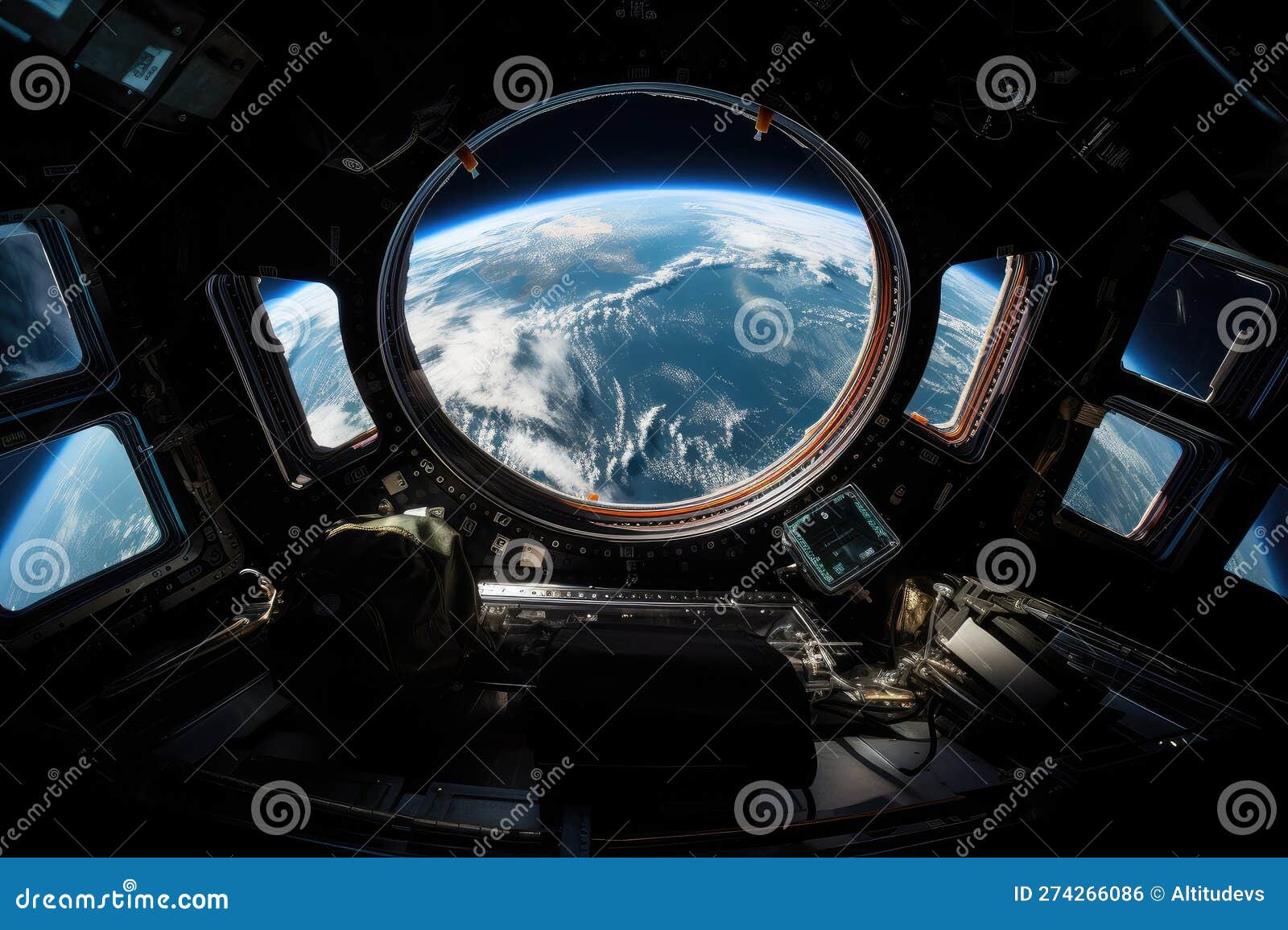 Inside the Space Station, with View of Earth Below Stock Illustration ...