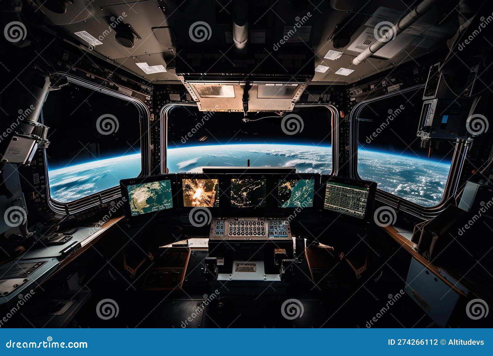 Inside the Space Station, with View of Earth Below Stock Illustration ...