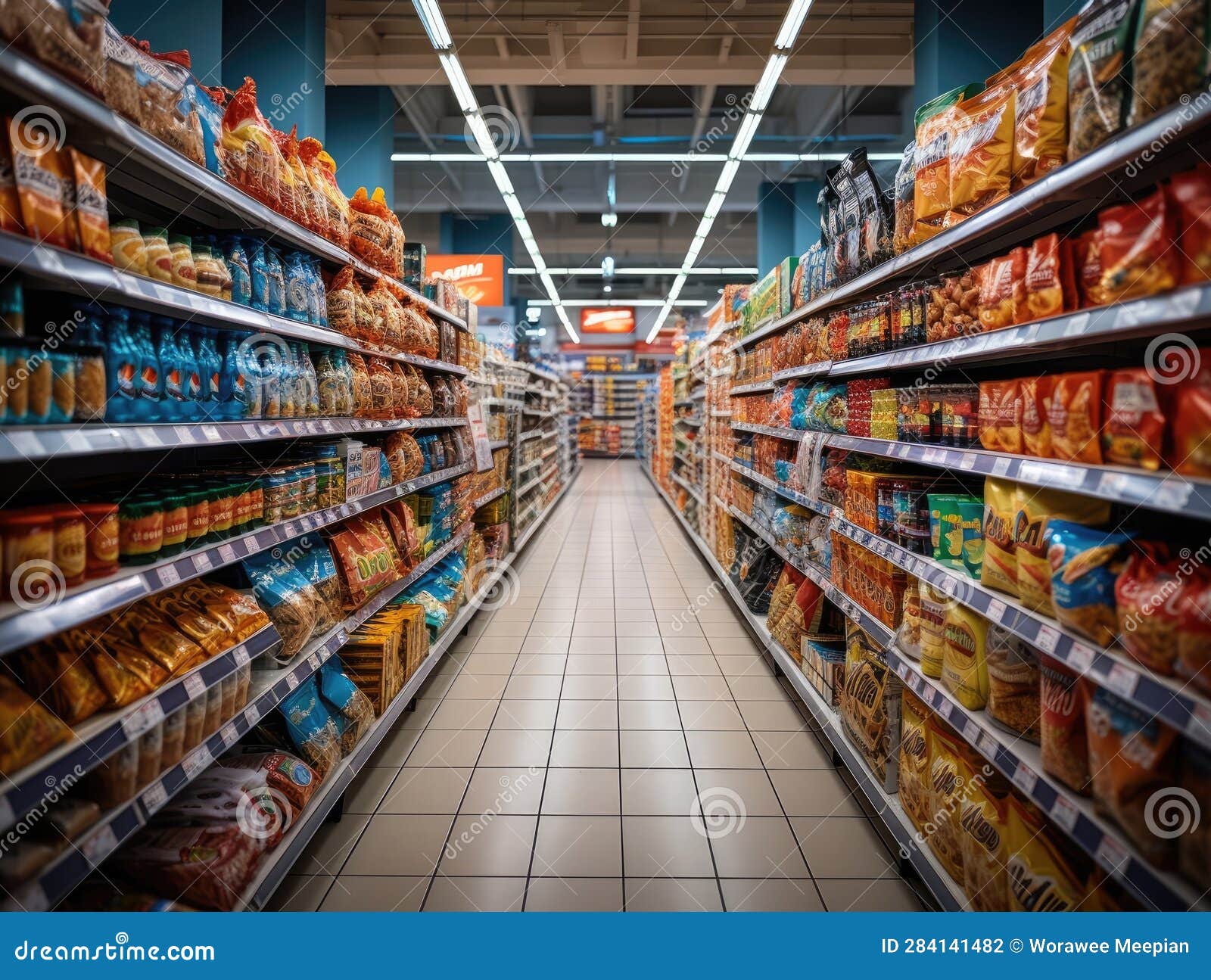 An Inside of a Supermarket with a Snack Display Rack, a Long Corridor ...