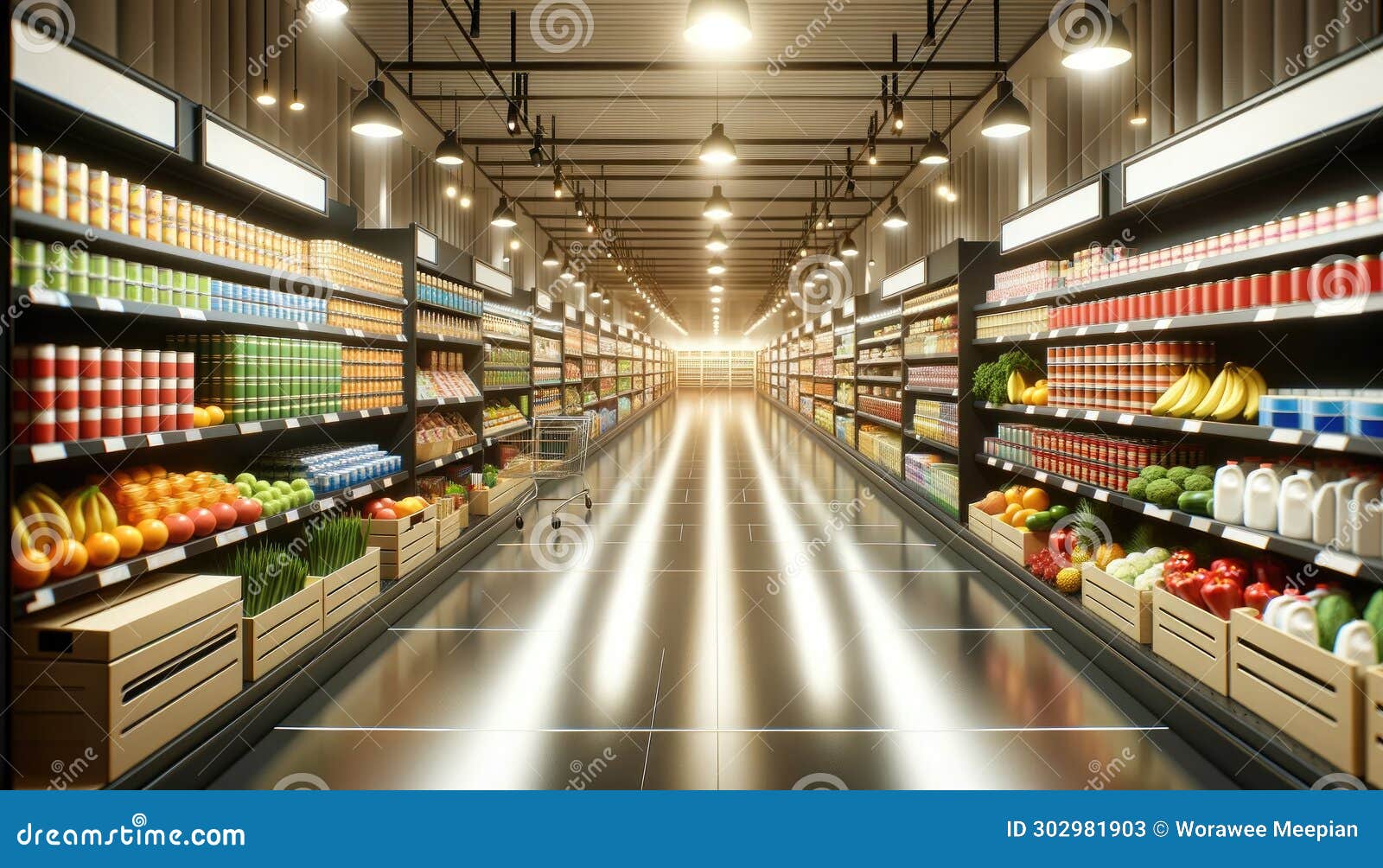 Inside of a Supermarket with a Snack Display Rack, a Long Corridor, and ...