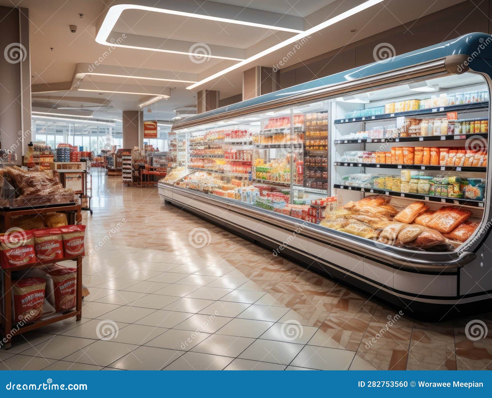 An Inside of a Supermarket with a Variety of Products, a Long Corridor ...