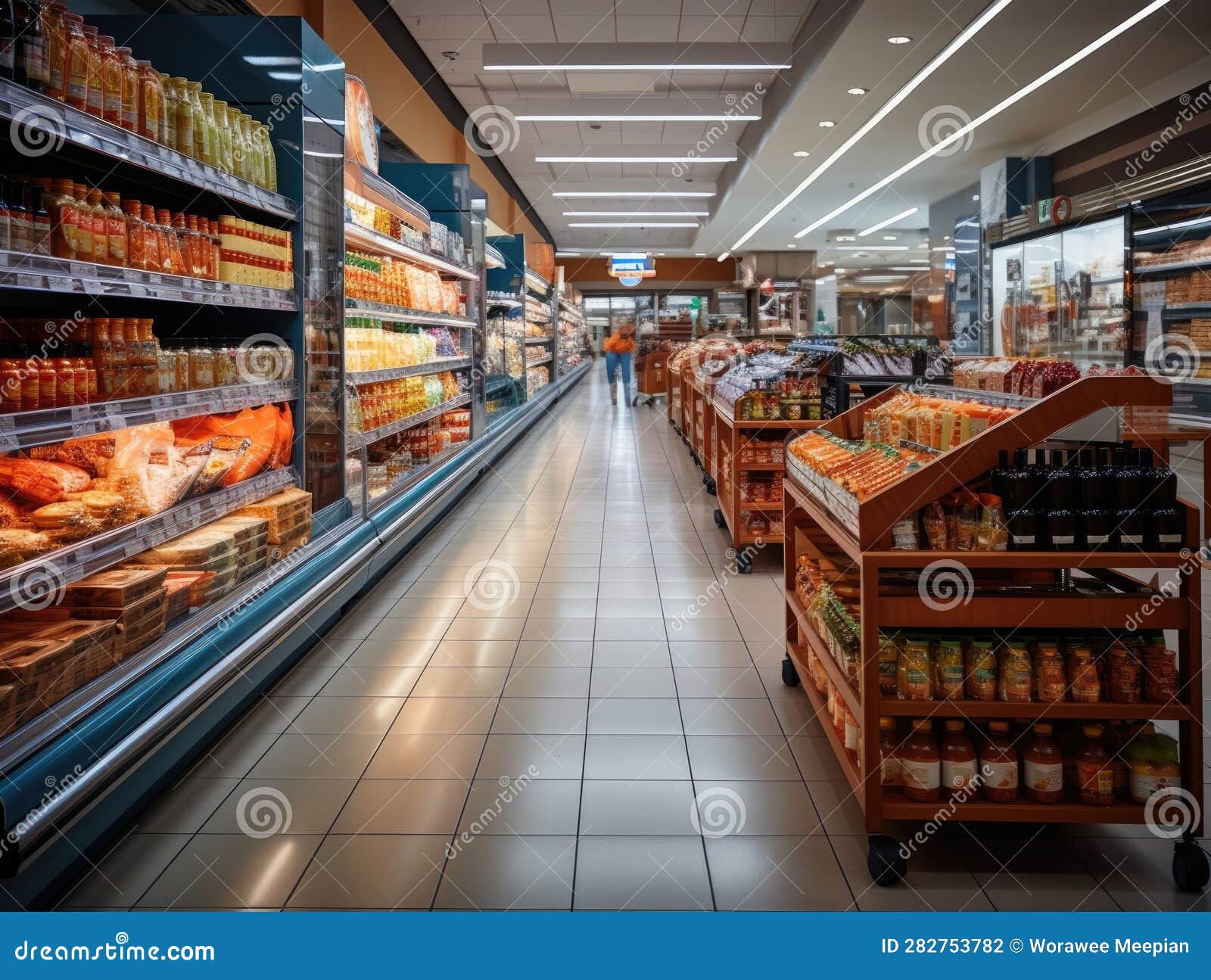 An Inside of a Supermarket with a Variety of Products, a Long Corridor ...