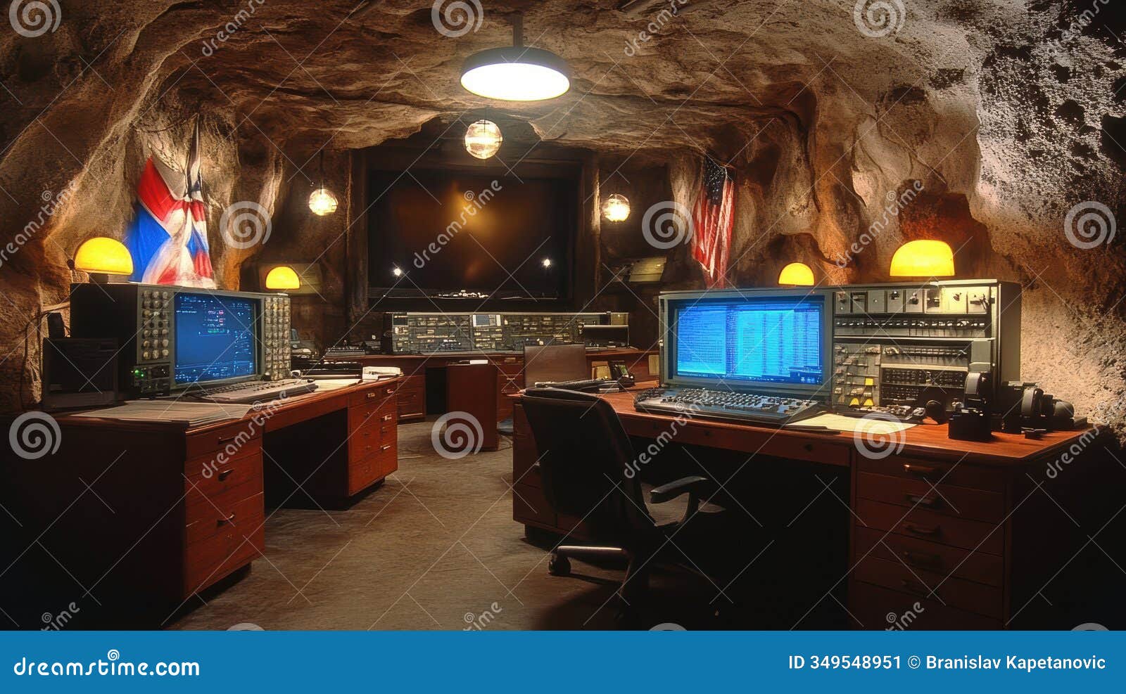 Underground Nuclear Bunker Control Room with Flags and Computers Stock ...