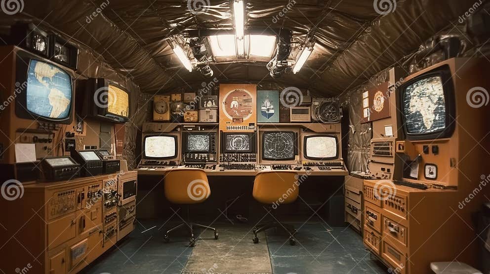 Underground Nuclear Bunker Control Room with Retro Technology Stock ...