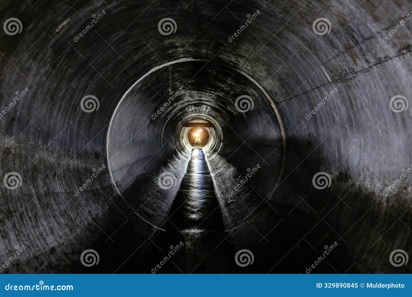 Inside Underground Urban Sewer System. Sewage Flowing in Round Sewer ...