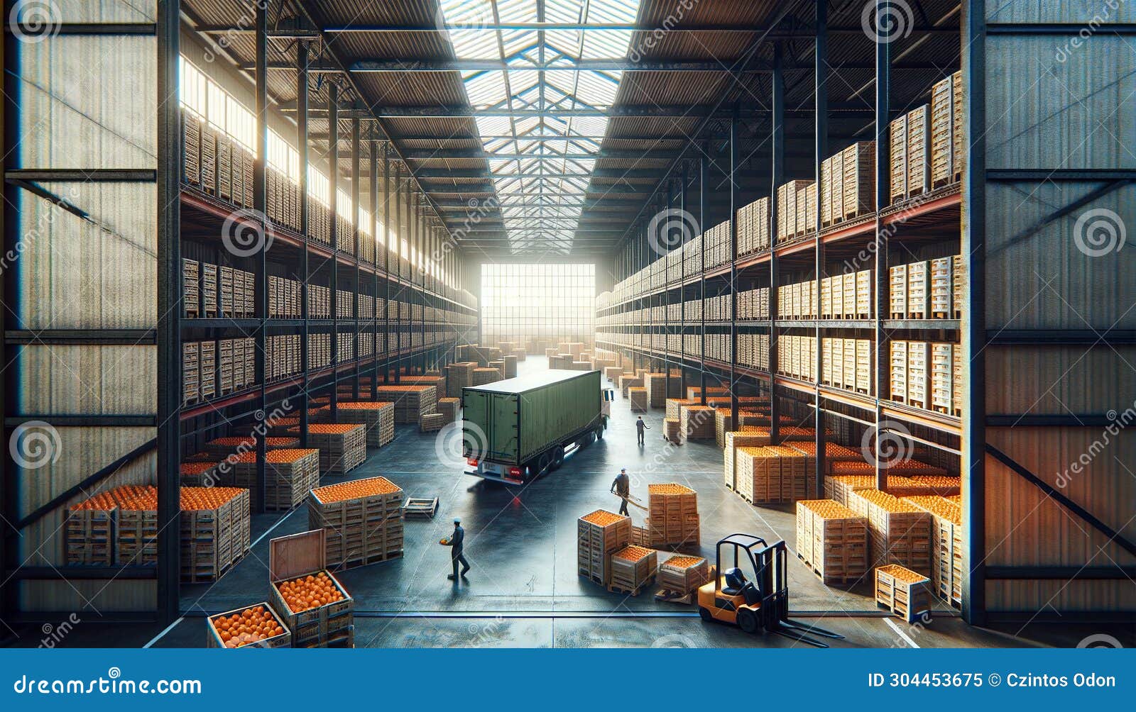 Inside a Vast Warehouse with High Shelves Filled with Crates of Oranges ...