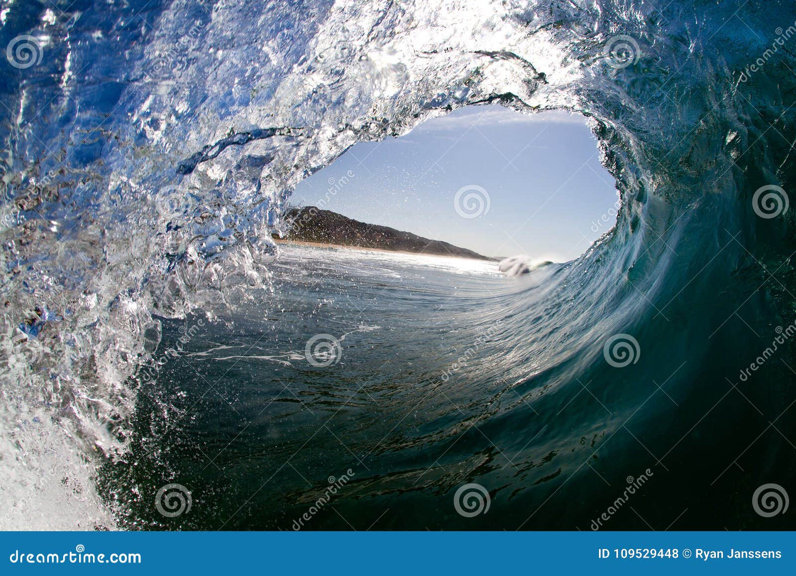 Inside View of a Breaking Wave on a Tropical Beach Under a Blue Sky ...