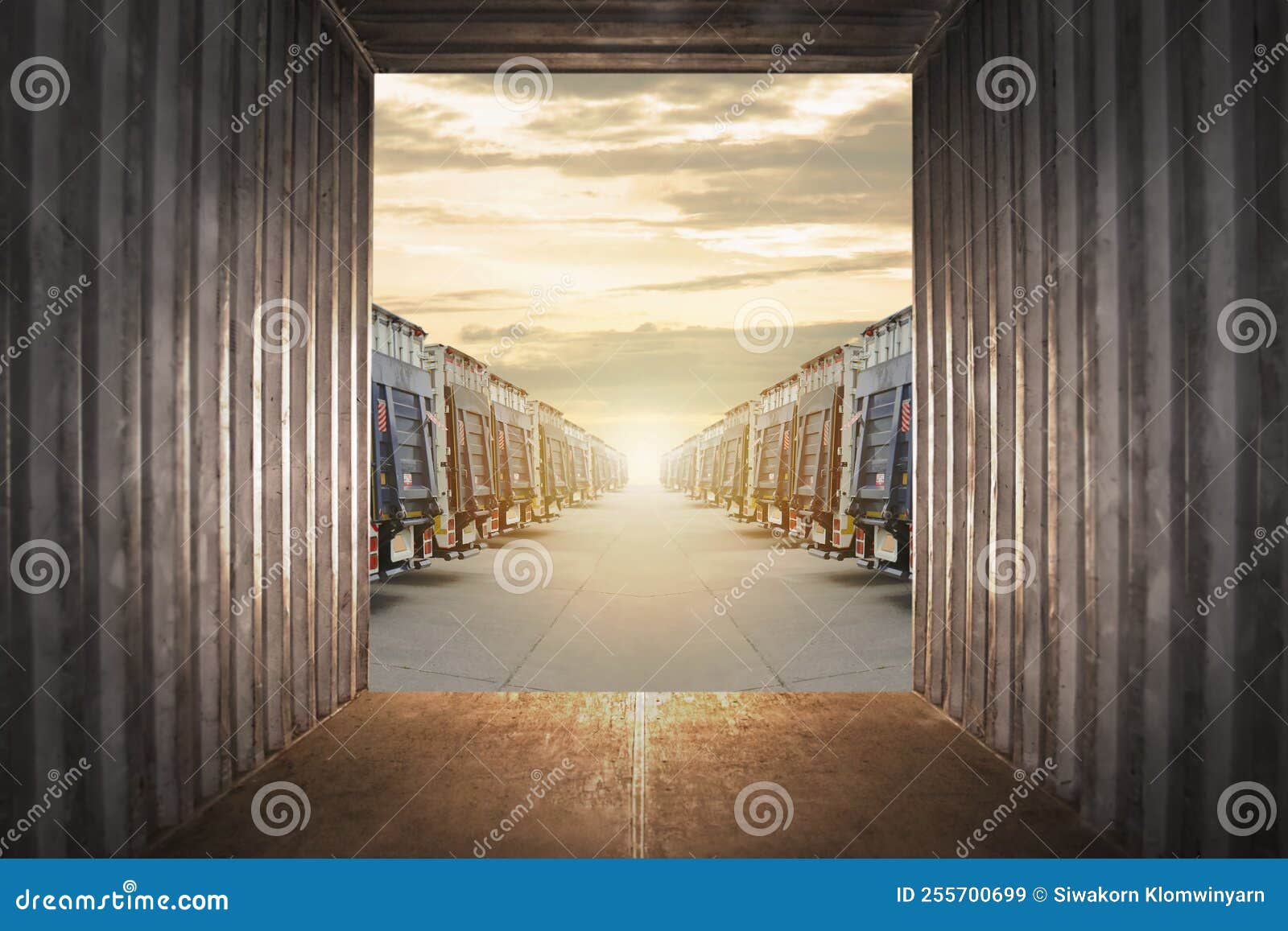 Inside View in Cargo Container. Cargo Trucks Parked Lot with the Sunset ...