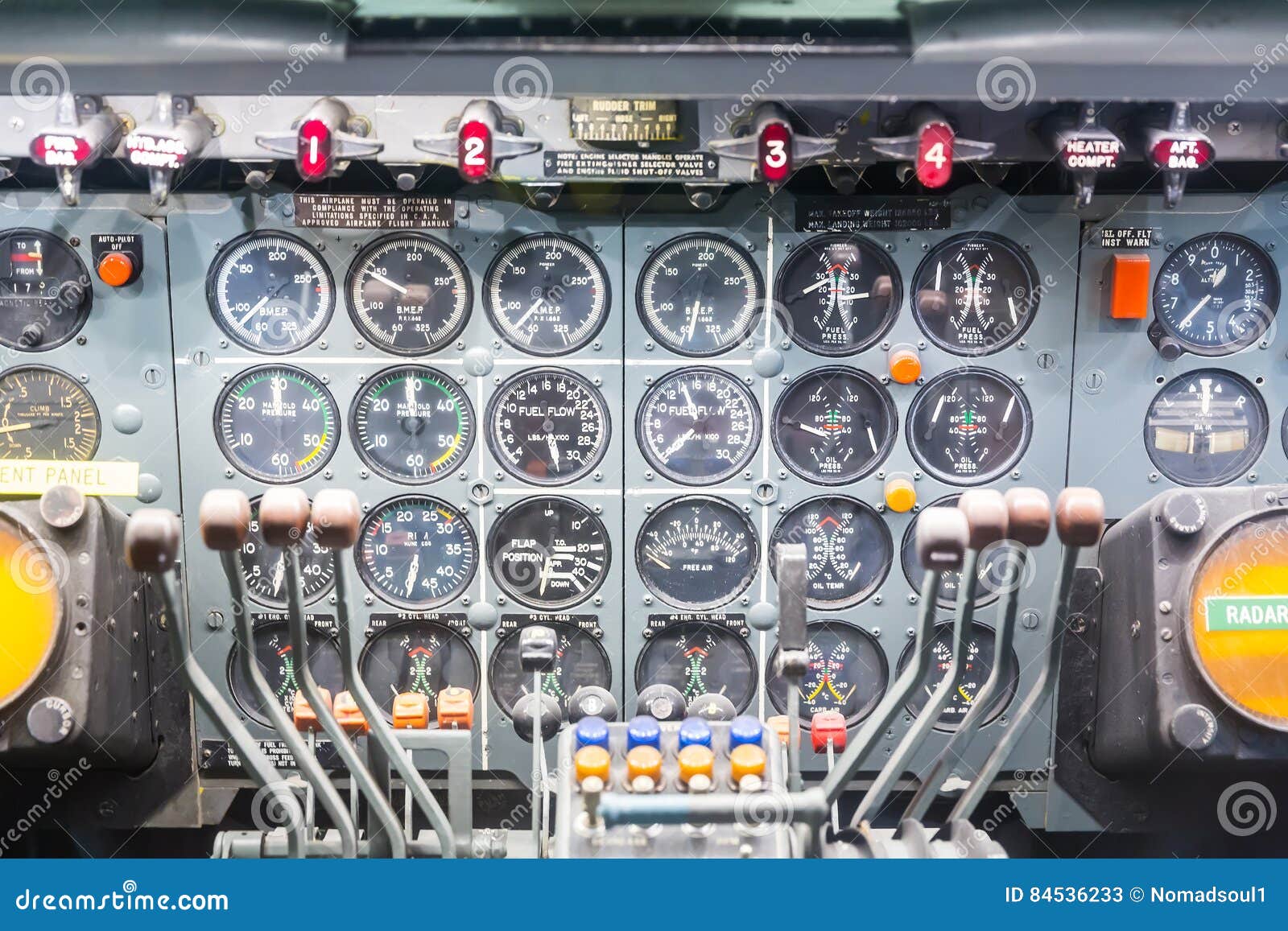 Cockpit In The Airplane, Wide View Of The Control Panel And Pilot Seats ...