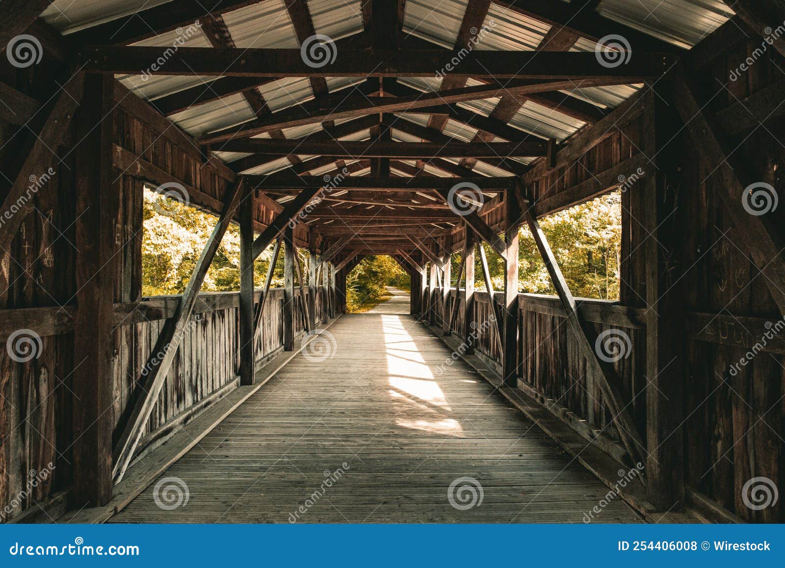 Inside View of a Covered Wooden Bridge with Sunlight Stock Photo ...