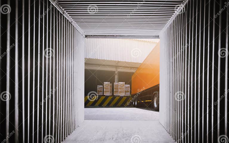 Inside View of Empty Shipping Cargo Container. Trailer Trucks Loading ...