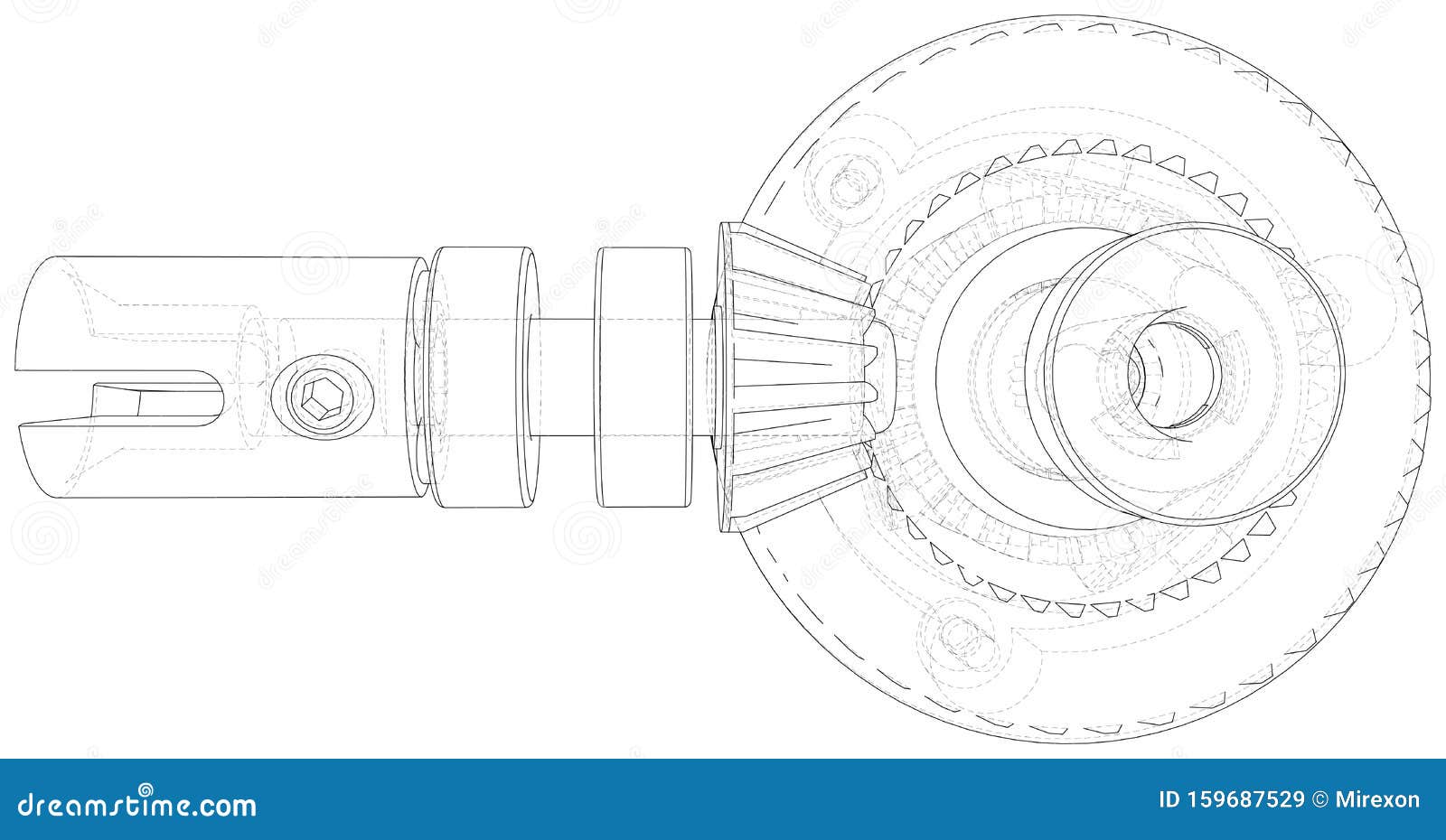 Inside View on Gearbox Cross Section with Gears and Shafts. Wire-frame ...