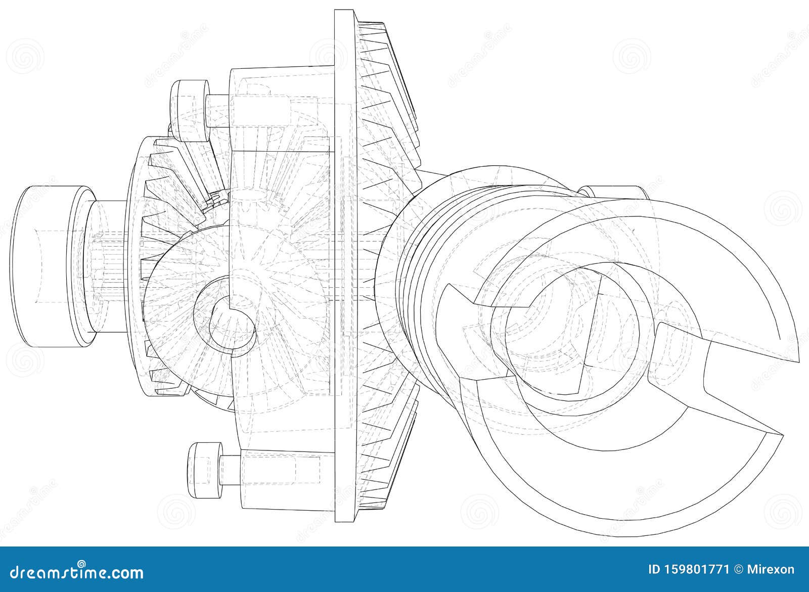 Inside View on Gearbox Cross Section with Gears and Shafts. Wire-frame ...