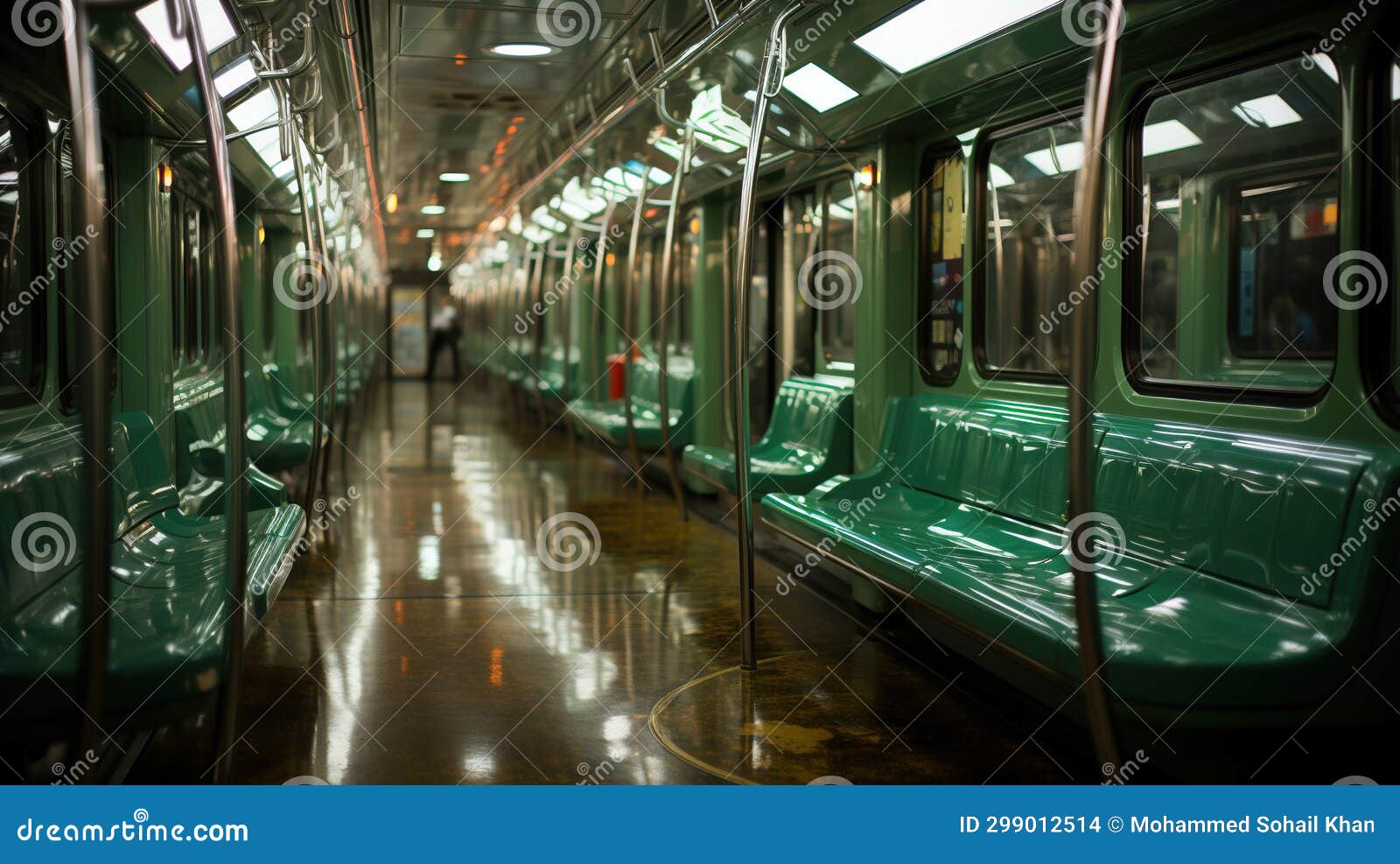 Inside View of Metro Train Green Color Seats Motion Blur and Reflection ...
