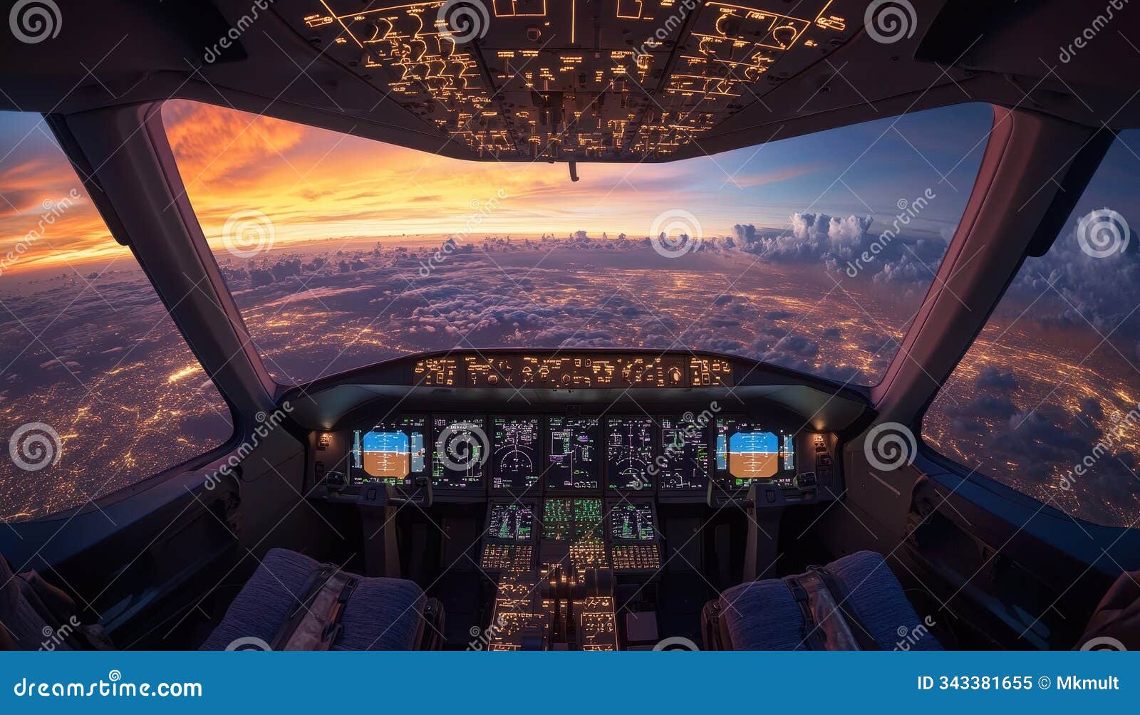 Inside View of a Modern Airplane Cockpit during Sunset with Autopilot ...