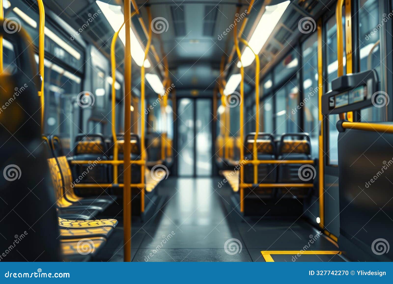 Empty Modern City Bus Interior with Yellow Handrails Showing Open Doors ...