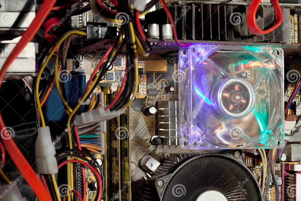 Inside View of the Open PC with Rotating Coolers. Stock Photo - Image ...