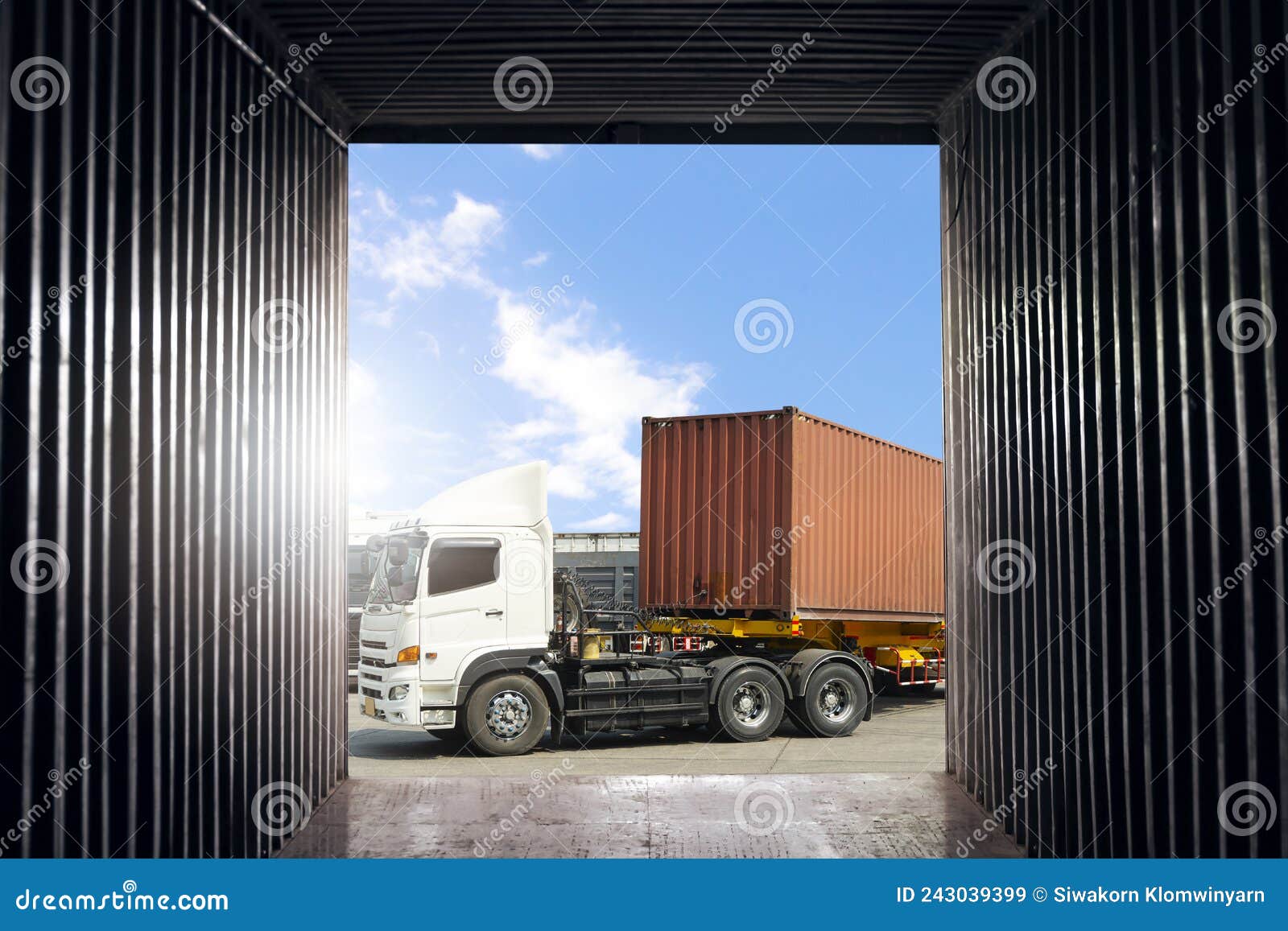 Inside View of Shipping Cargo Container. Semi Trailer Trucks Loading ...