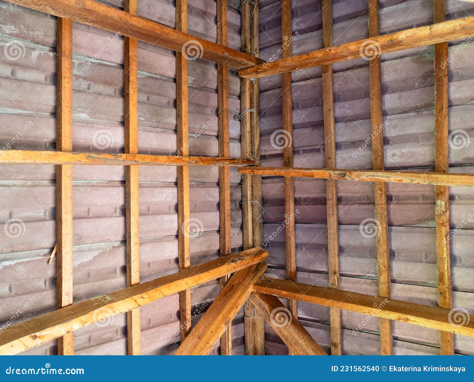 Inside View of Tiled Roof with Wooden Rafters Stock Photo - Image of ...