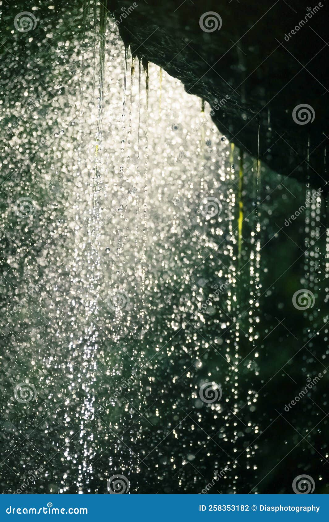Inside View of a Waterfall with with Sunlight Hitting the Water and ...