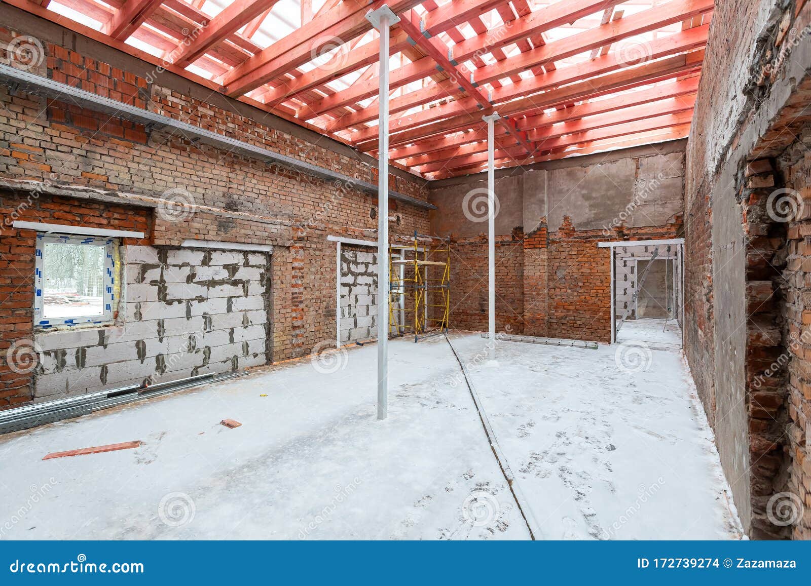 Inside View of Working Process of Building House with Wall Made from ...