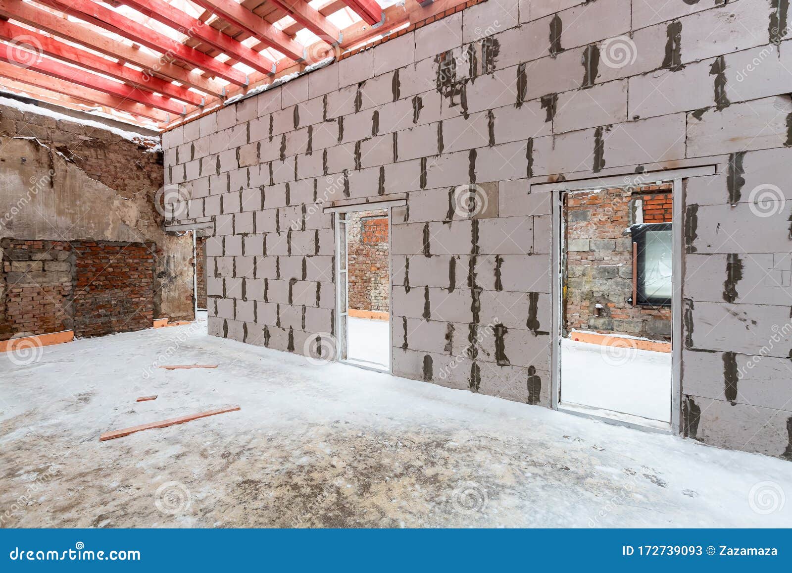 Inside View of Working Process of Building House with Wall Made from ...