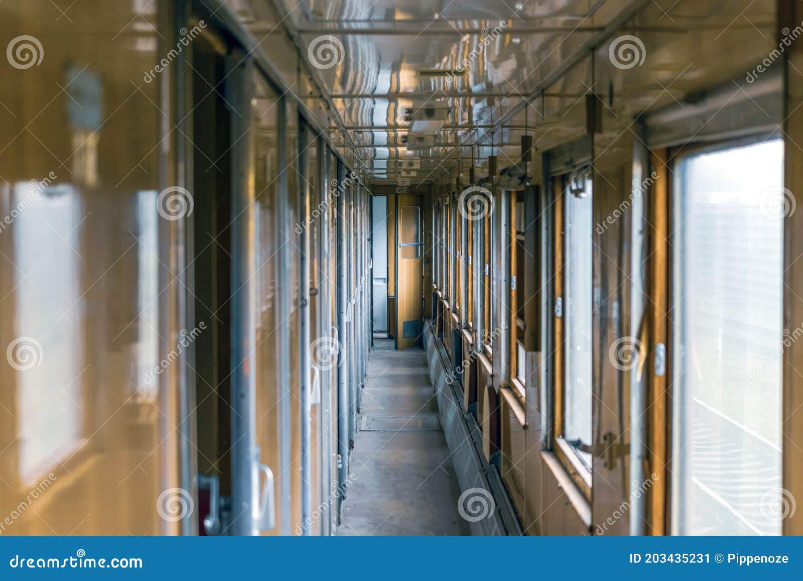 Inside of Vintage Train Wagon. Corridor with Wooden Cabins. Stock Image ...