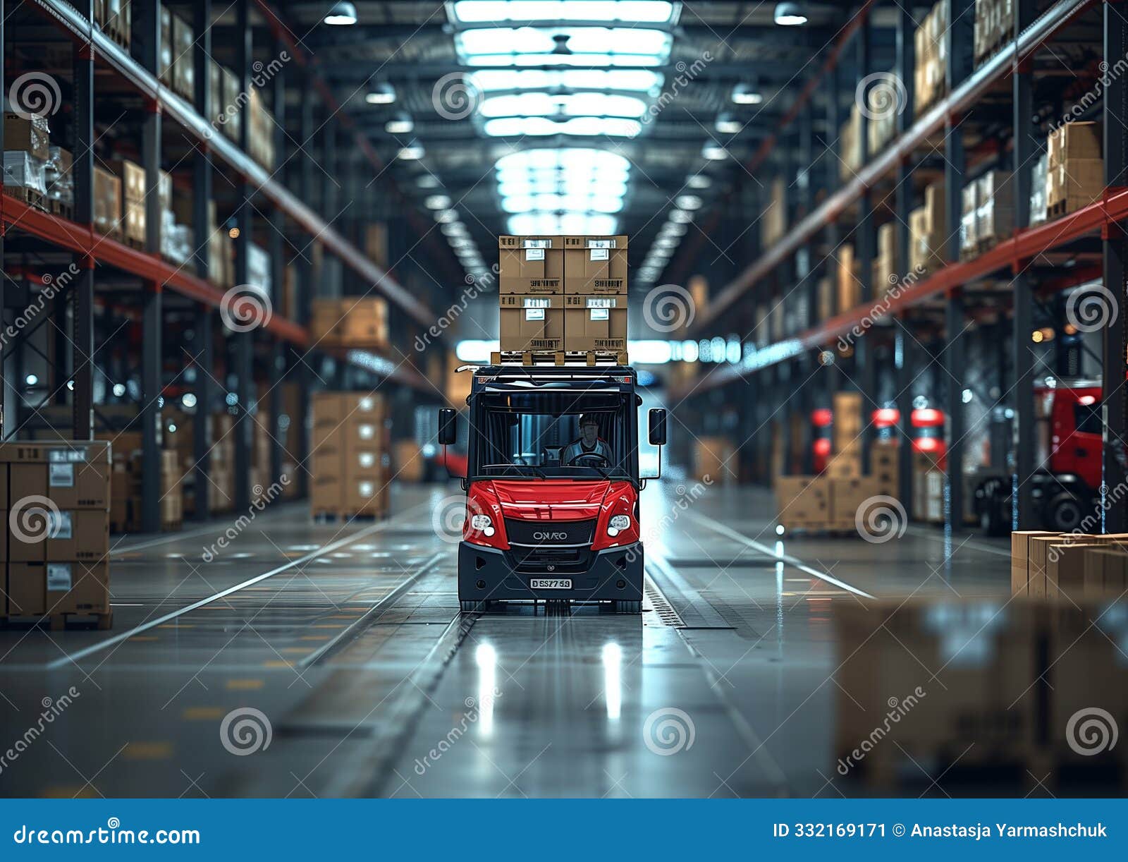 Inside the Warehouse, a Loader Operates an Electric Forklift, Moving ...