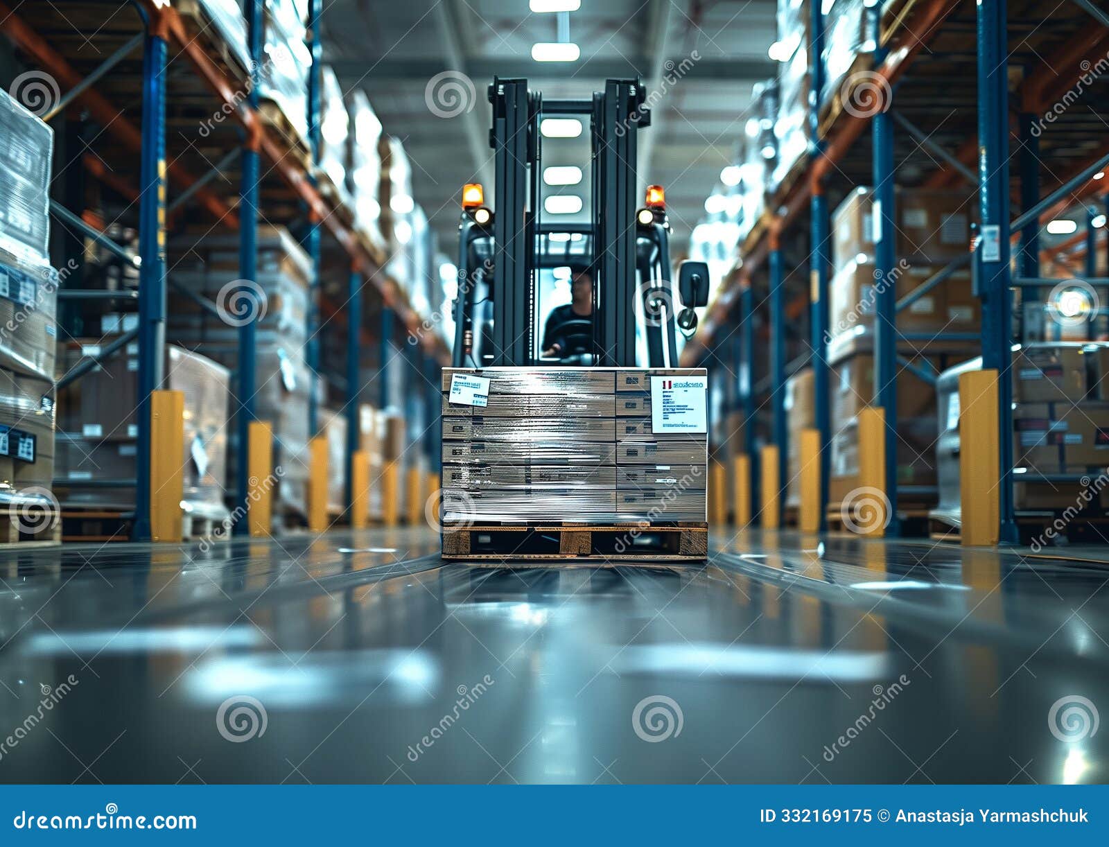 Inside the Warehouse, a Loader Operates an Electric Forklift, Moving ...