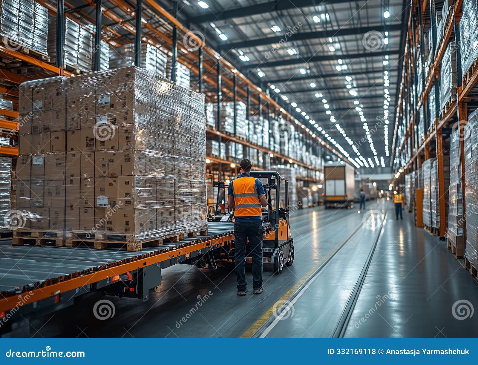 Inside the Warehouse, a Loader Operates an Electric Forklift, Moving ...