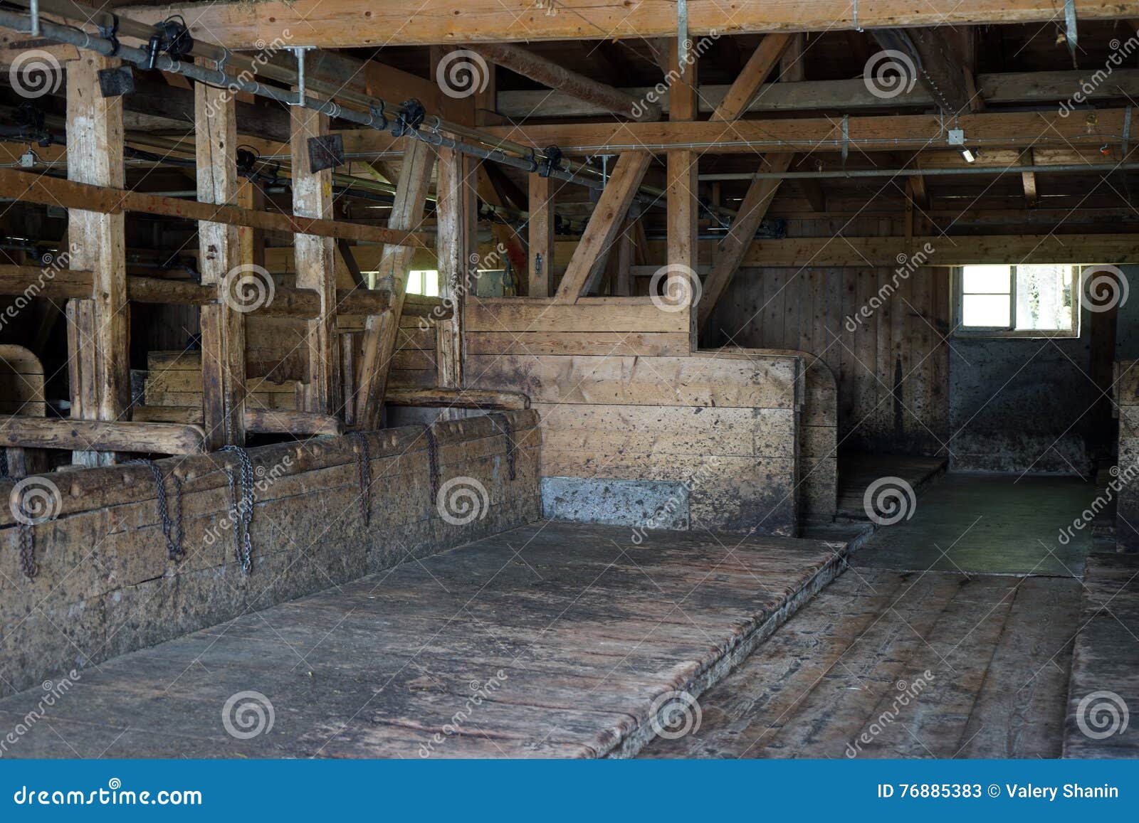Inside Old Wooden Stable Or Barn With Horse Boxes, Tunnel Or Corridor ...